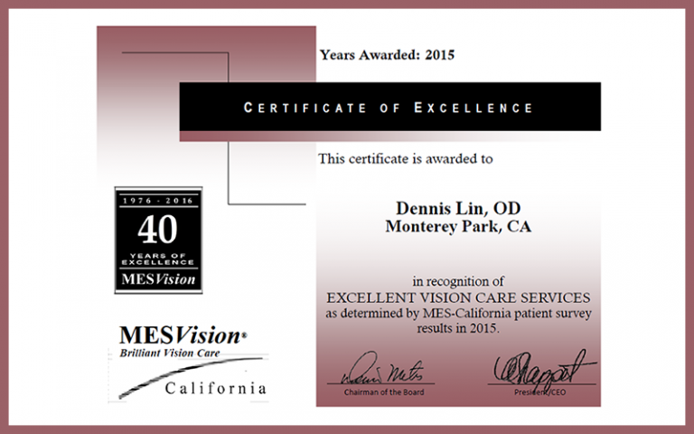 MES Vision Certificate Of Excellence – Dennis Lin Optometry, Monterey ...